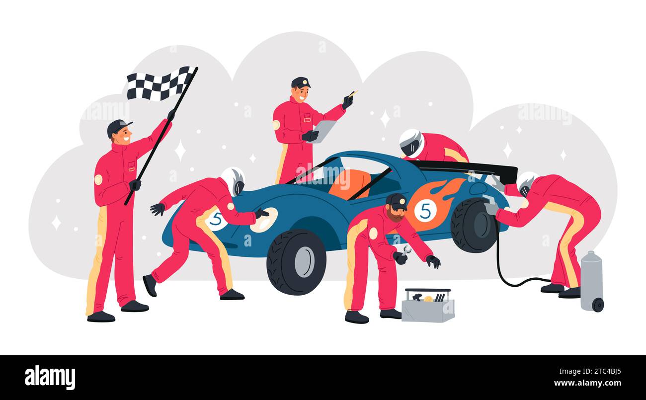 Cartoon racing car on pit stop. Mechanics team in auto servicing ... Cartoon racing car on pit stop. Mechanics team in auto servicing ...