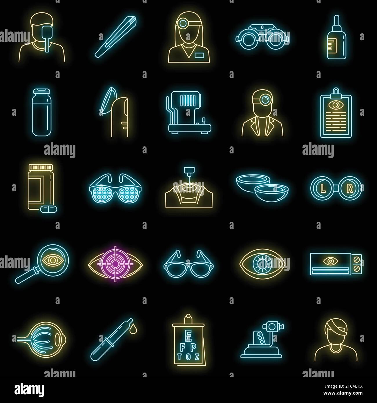 Medical eye examination icons set. Outline set of medical eye examination vector icons neon ...