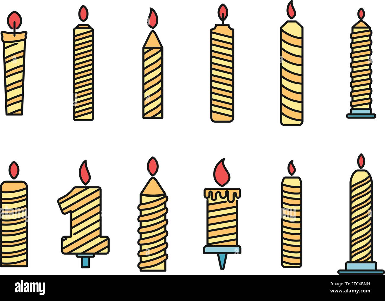 Burning birthday candle icons set. Outline set of burning birthday ...