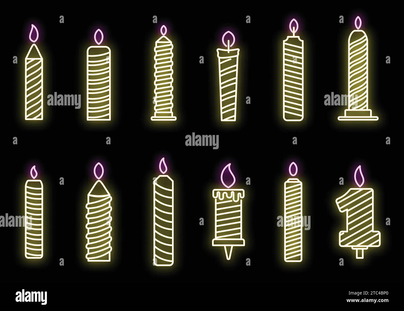 Burning birthday candle icons set. Outline set of burning birthday ...