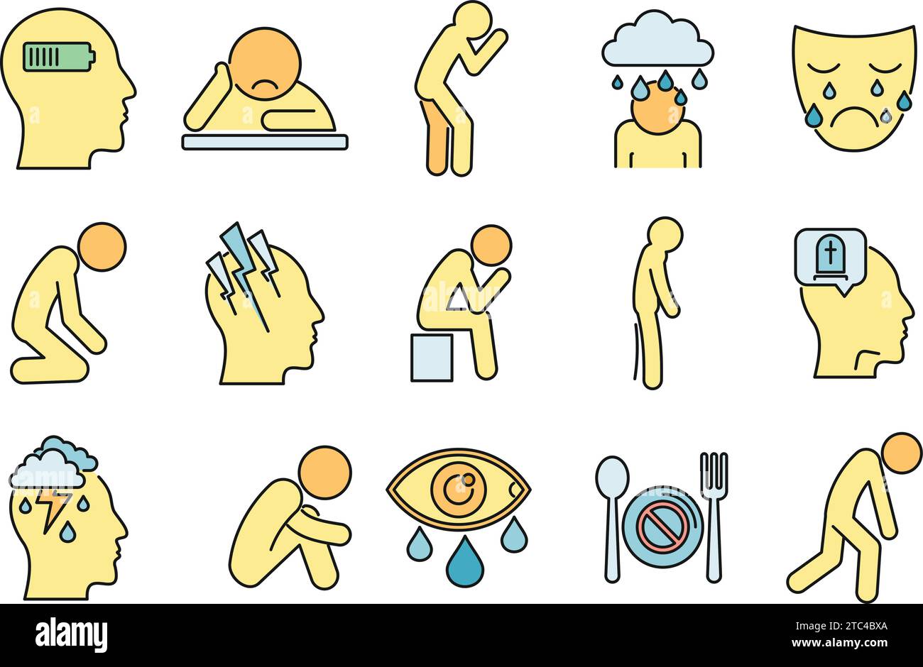 Modern depression icons set. Outline set of modern depression vector icons thin line color flat ...