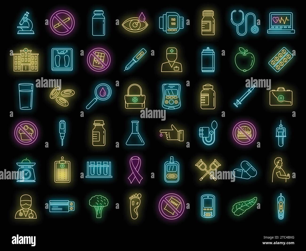 Diabetes care icons set. Outline set of diabetes care vector icons neon ...