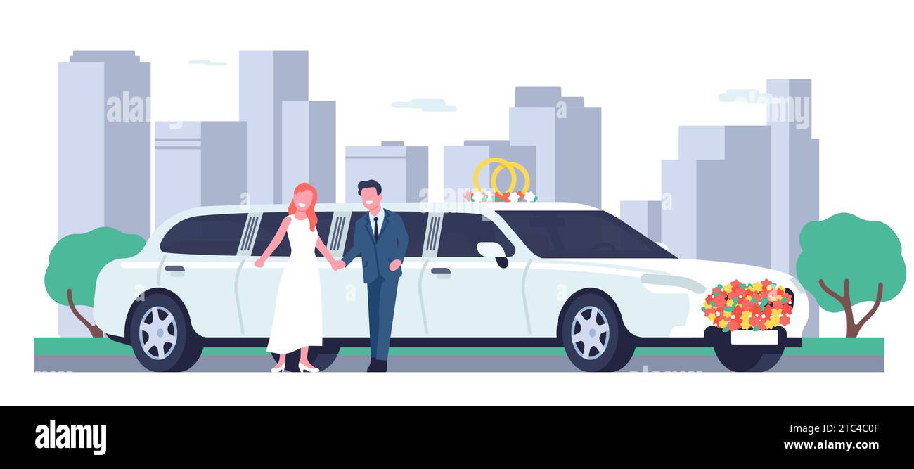 Wedding couple stands outside limousine against backdrop of city ...
