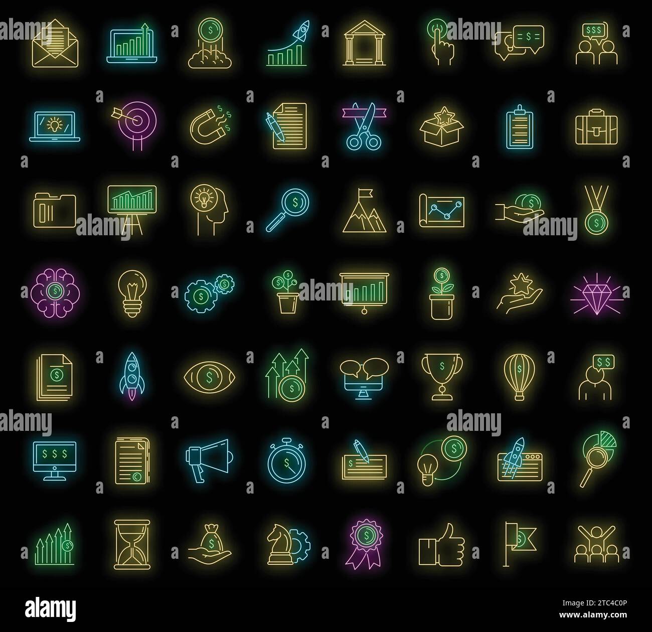 Startup icons set. Outline set of startup vector icons neon color on ...
