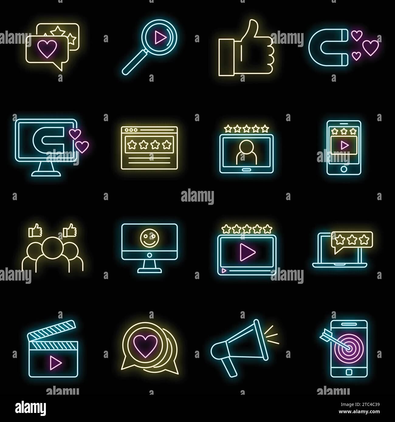 Engaging content digital icons set. Outline set of engaging content digital vector icons neon ...