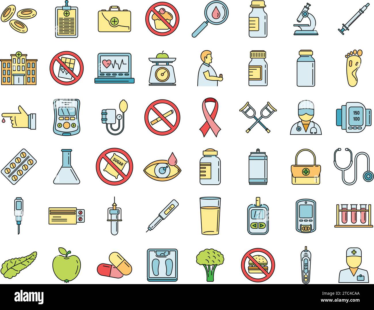 Diabetes care icons set. Outline set of diabetes care vector icons thin ...