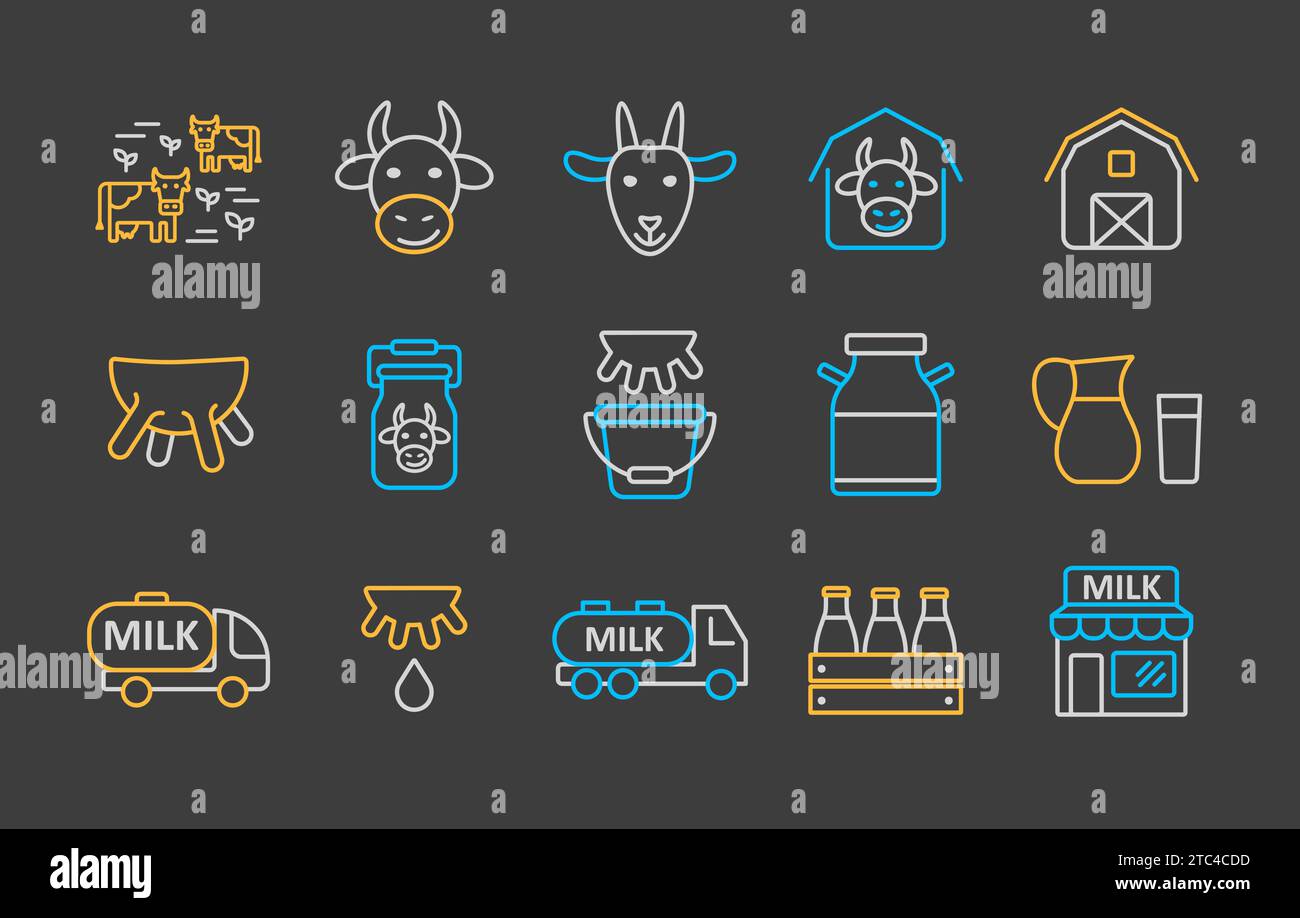Milk vector on dark background icons set. Dairy products sign. Graph ...
