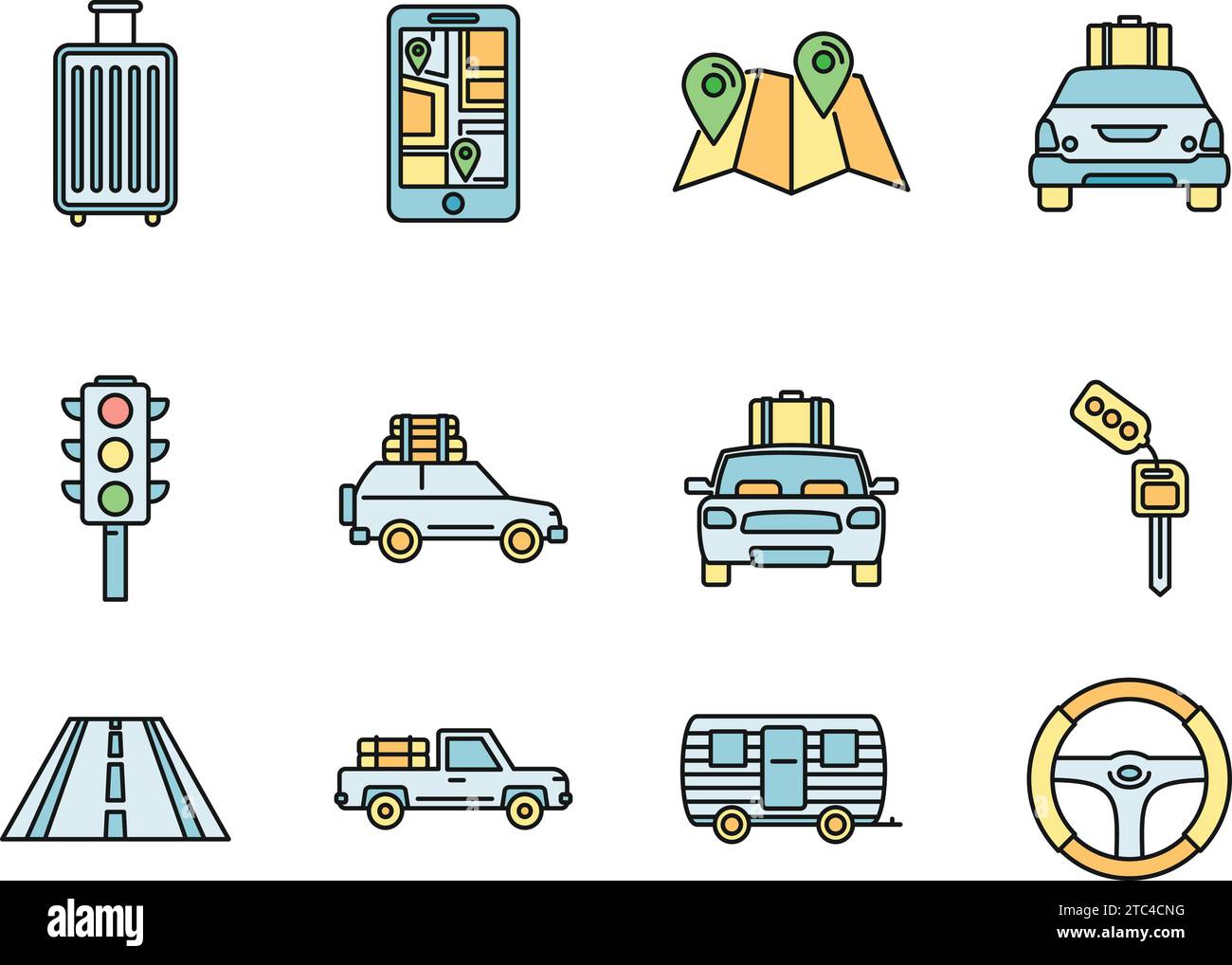 Road car trip icons set. Outline set of road car trip vector icons thin ...