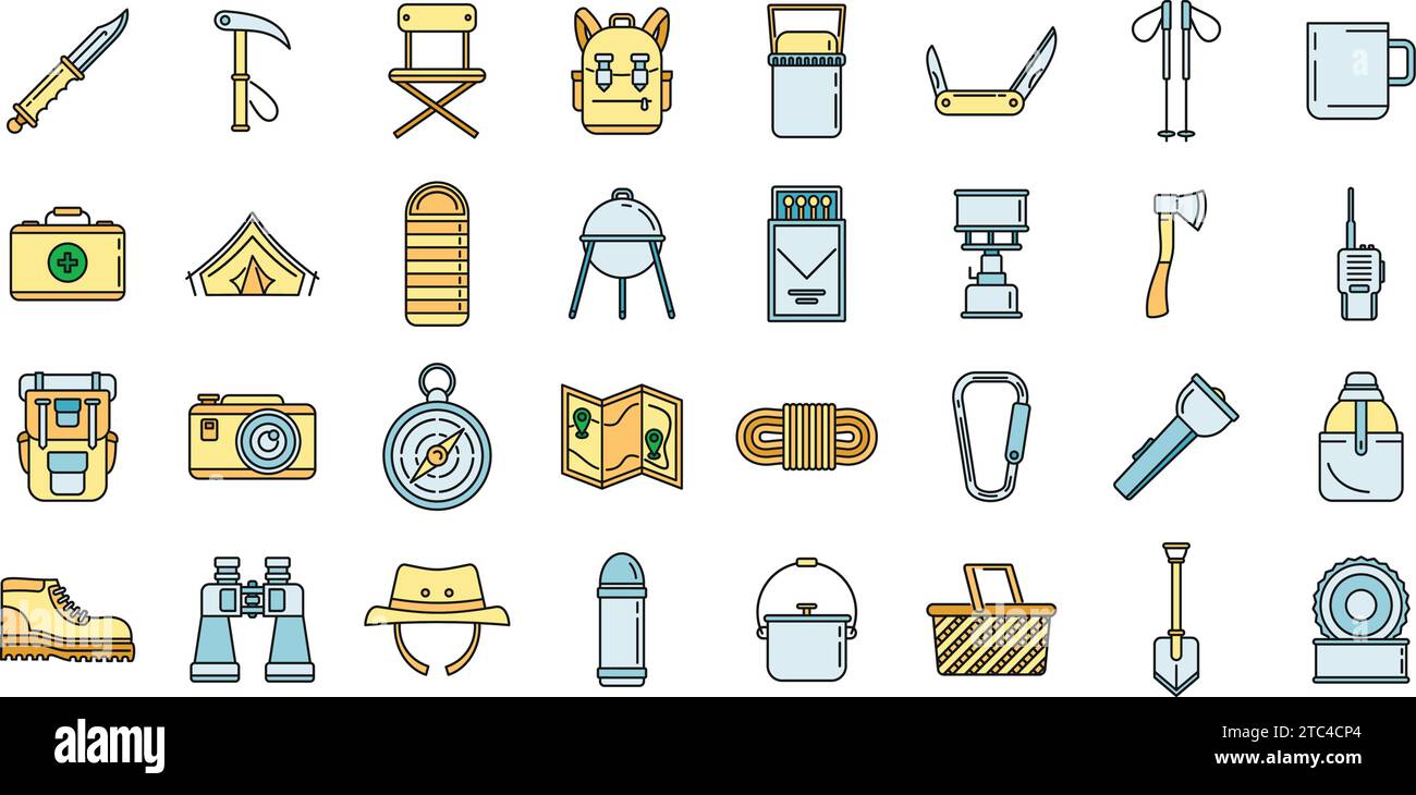 Hiking mountain icons set. Outline set of hiking mountain vector icons ...
