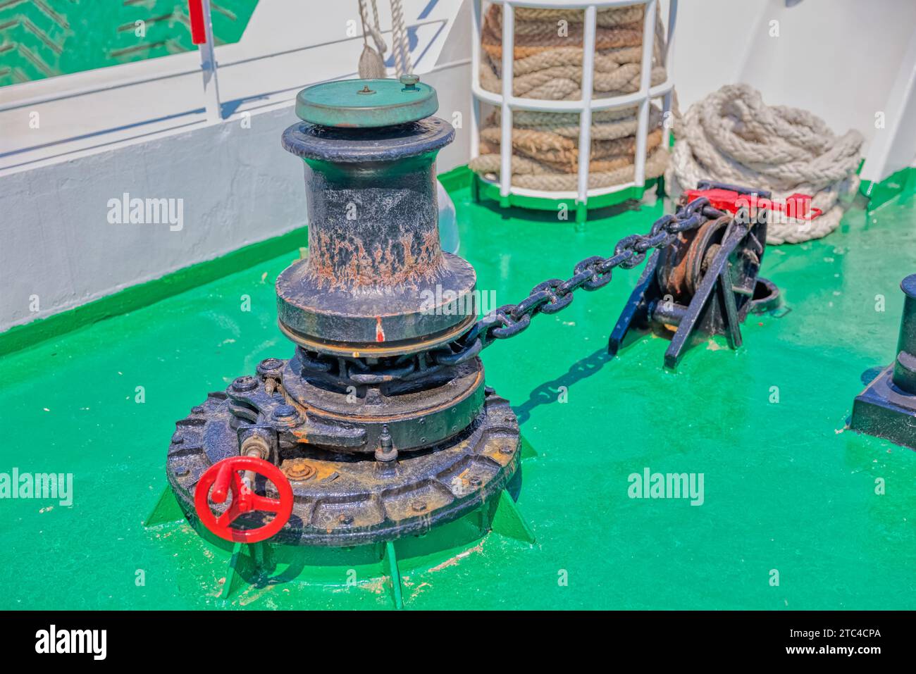 Ship Deck Winch and Chains Stock Photo - Alamy