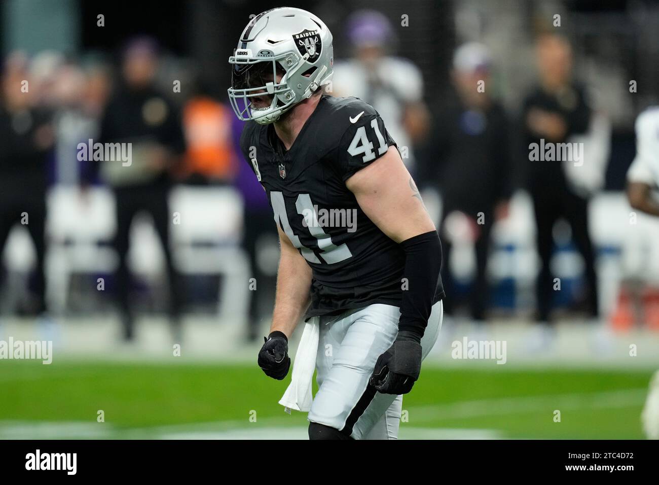 Las Vegas Raiders linebacker Robert Spillane (41) celebrates his sack ...
