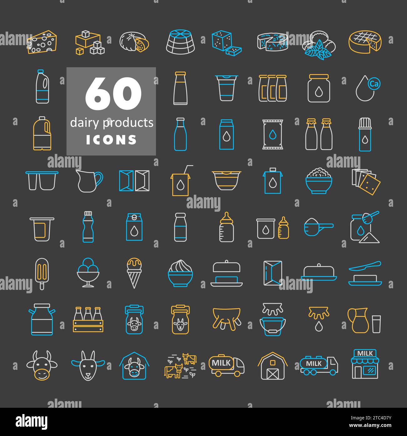 Milk, dairy products vector on dark background icon set. Graph symbol ...