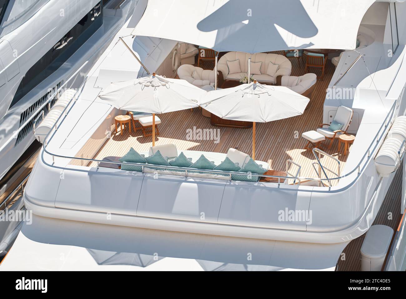 Close up footage of a relaxation area on the open teak deck of an ...