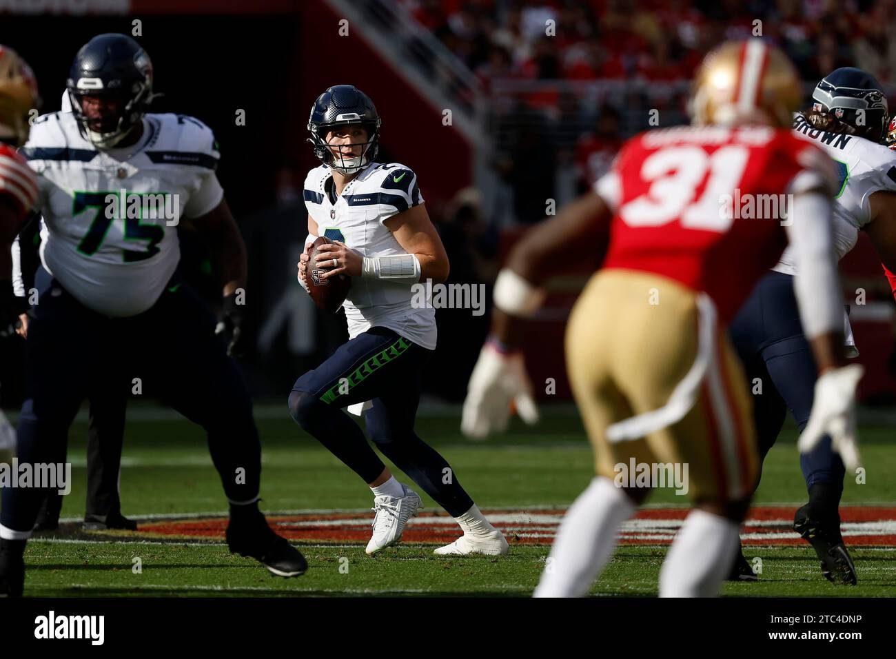 Seattle Seahawks quarterback Drew Lock passes against the San Francisco ...