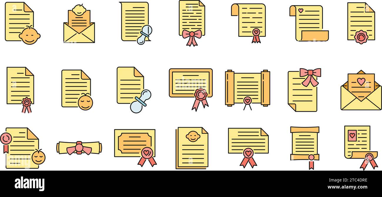 Certificate of birth icons set. Outline set of certificate of birth vector icons thin line color ...