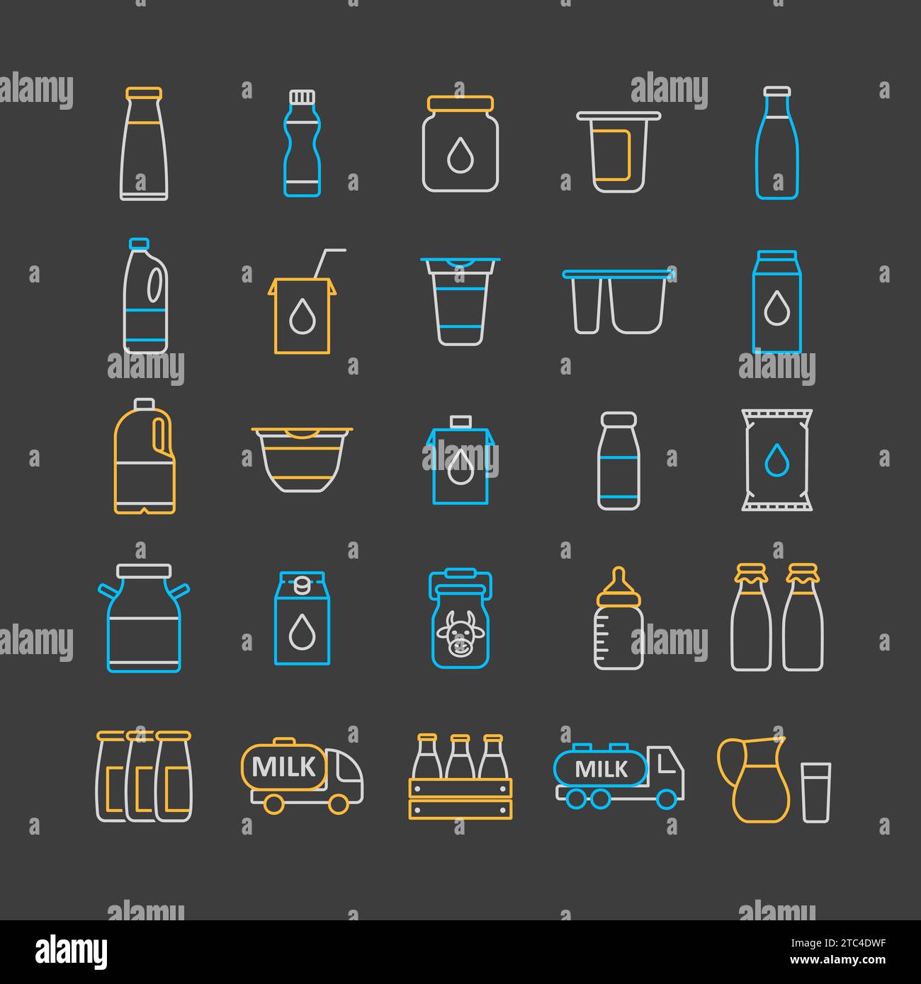 Milk cans and bottles vector on dark background icon. Dairy products ...