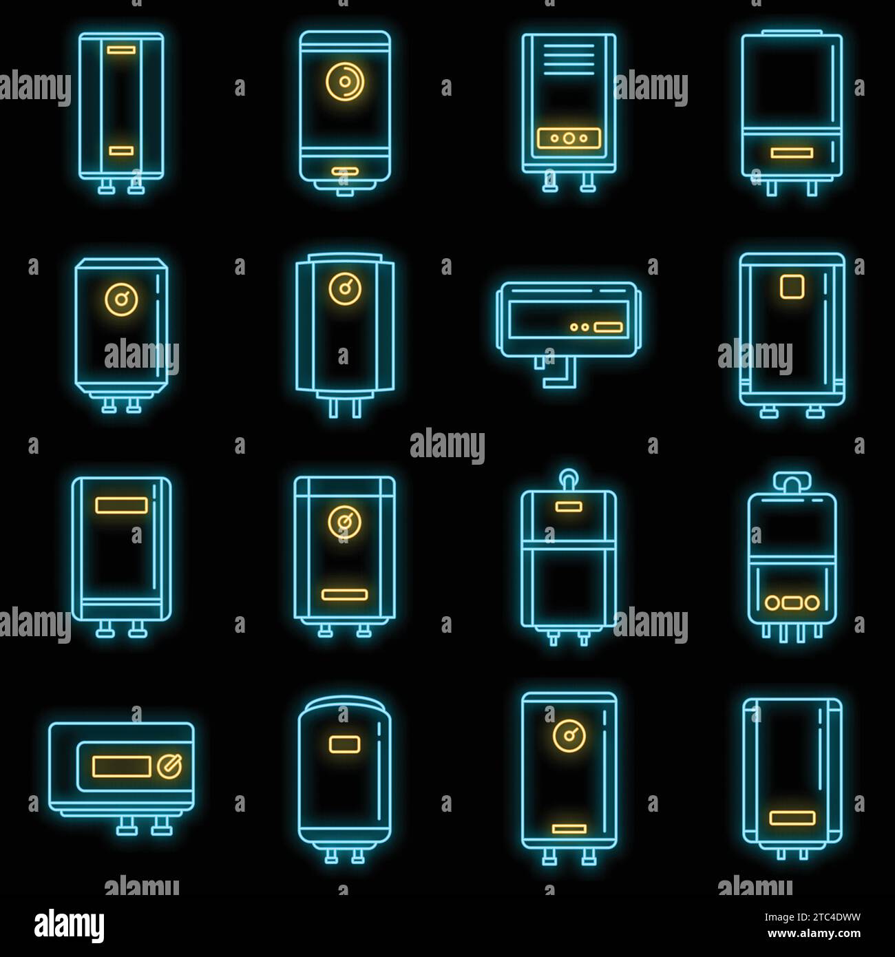 Water boiler icons set. Outline set of water boiler vector icons neon ...