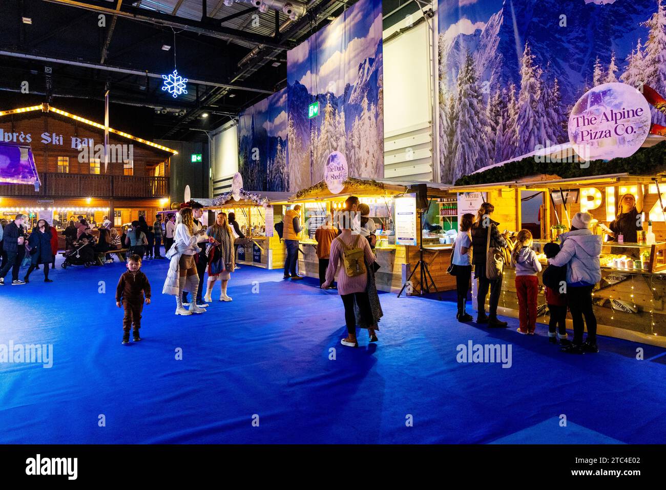 Food stalls and apres ski bar at Kingdom of Winter Christmas market at ...