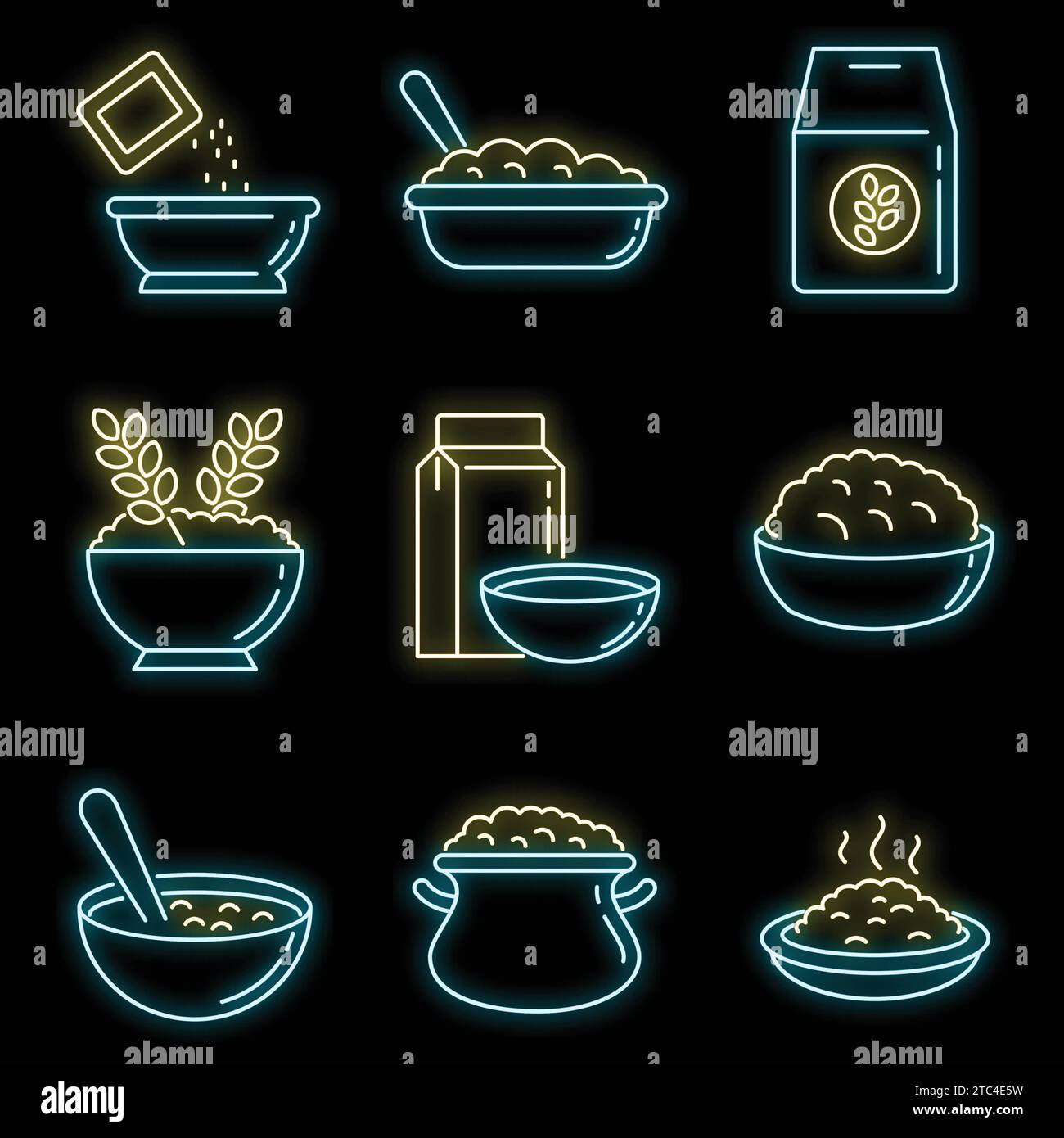 Oatmeal icons set. Outline set of oatmeal vector icons neon color on ...