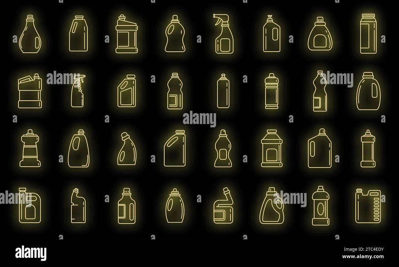 Bleach bottle icons set. Outline set of bleach bottle vector icons neon ...