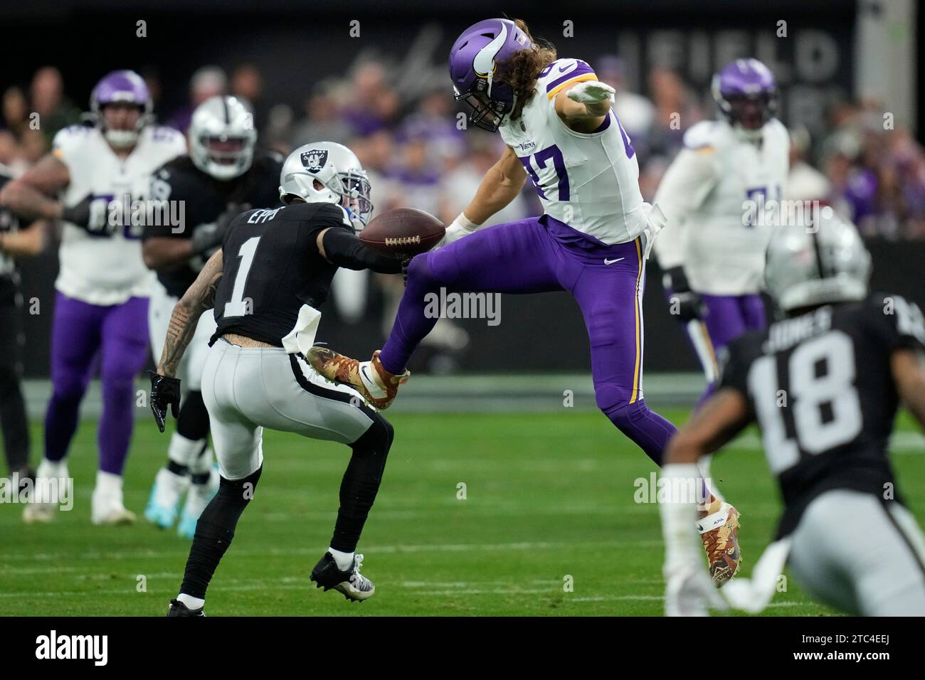 Las Vegas Raiders safety Marcus Epps (1) breaks up a pass intended for ...