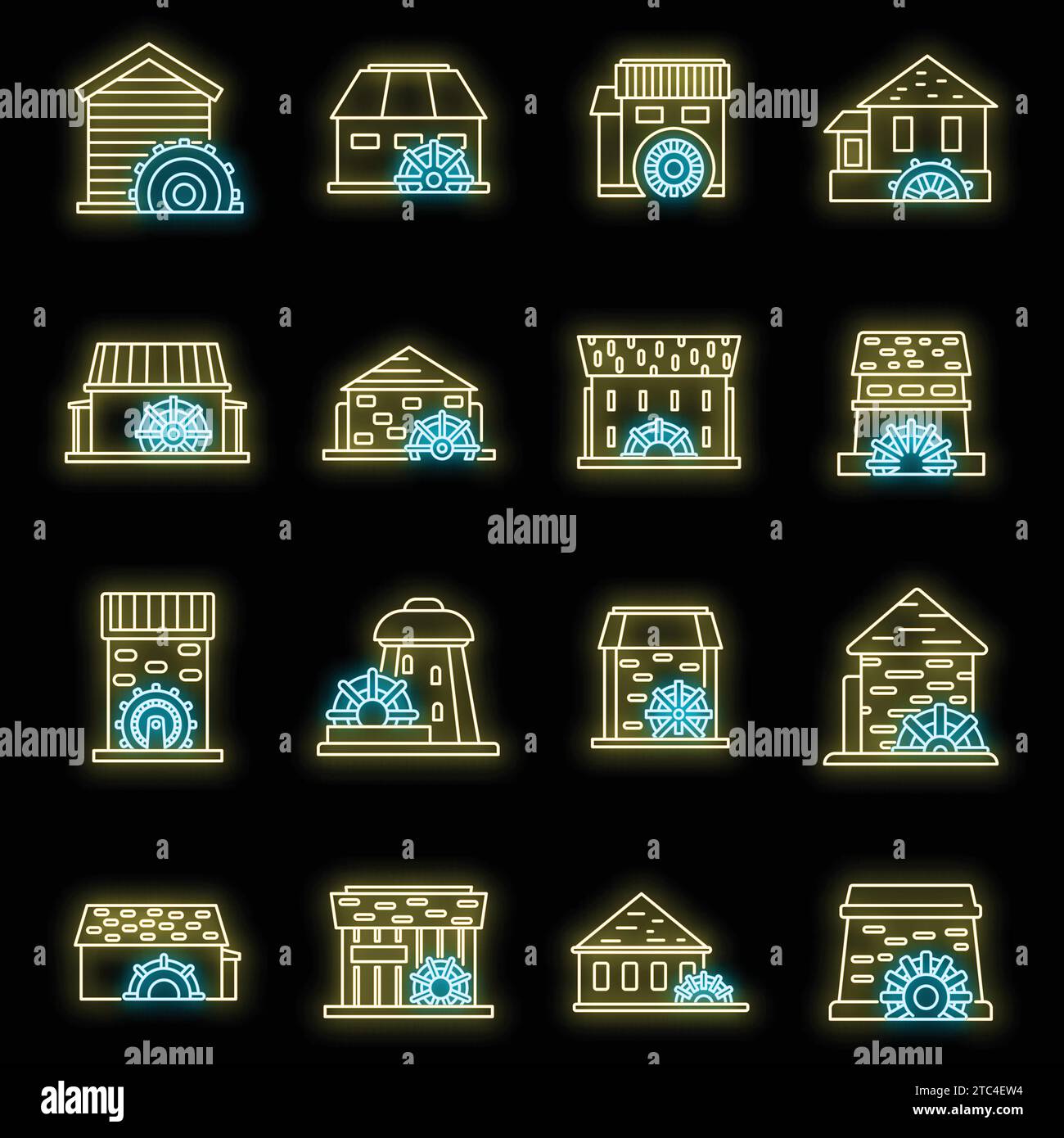 Farm water mill icons set. Outline set of farm water mill vector icons ...