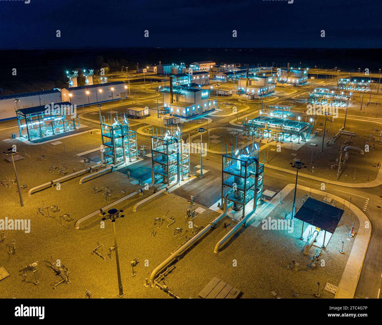 The night aerial view of natural gas compressor station Stock Photo - Alamy