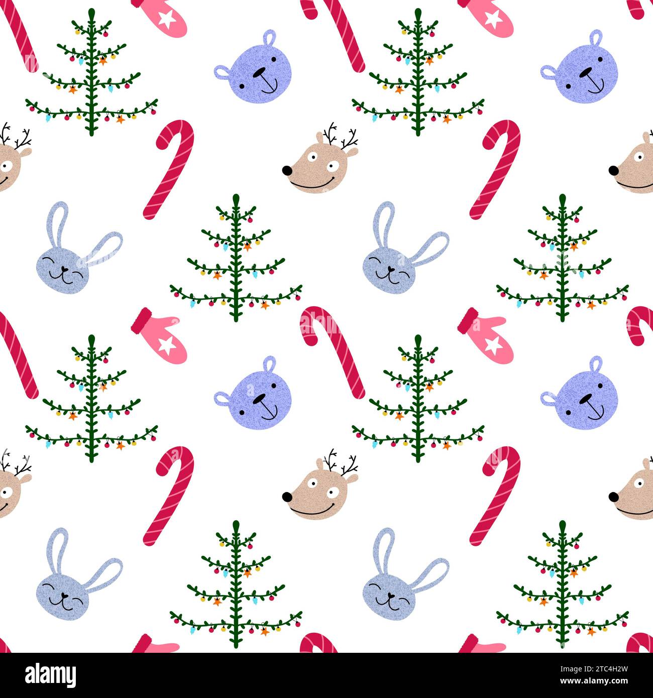 Christmas tree seamless bunnies and bears and deer and gloves pattern ...