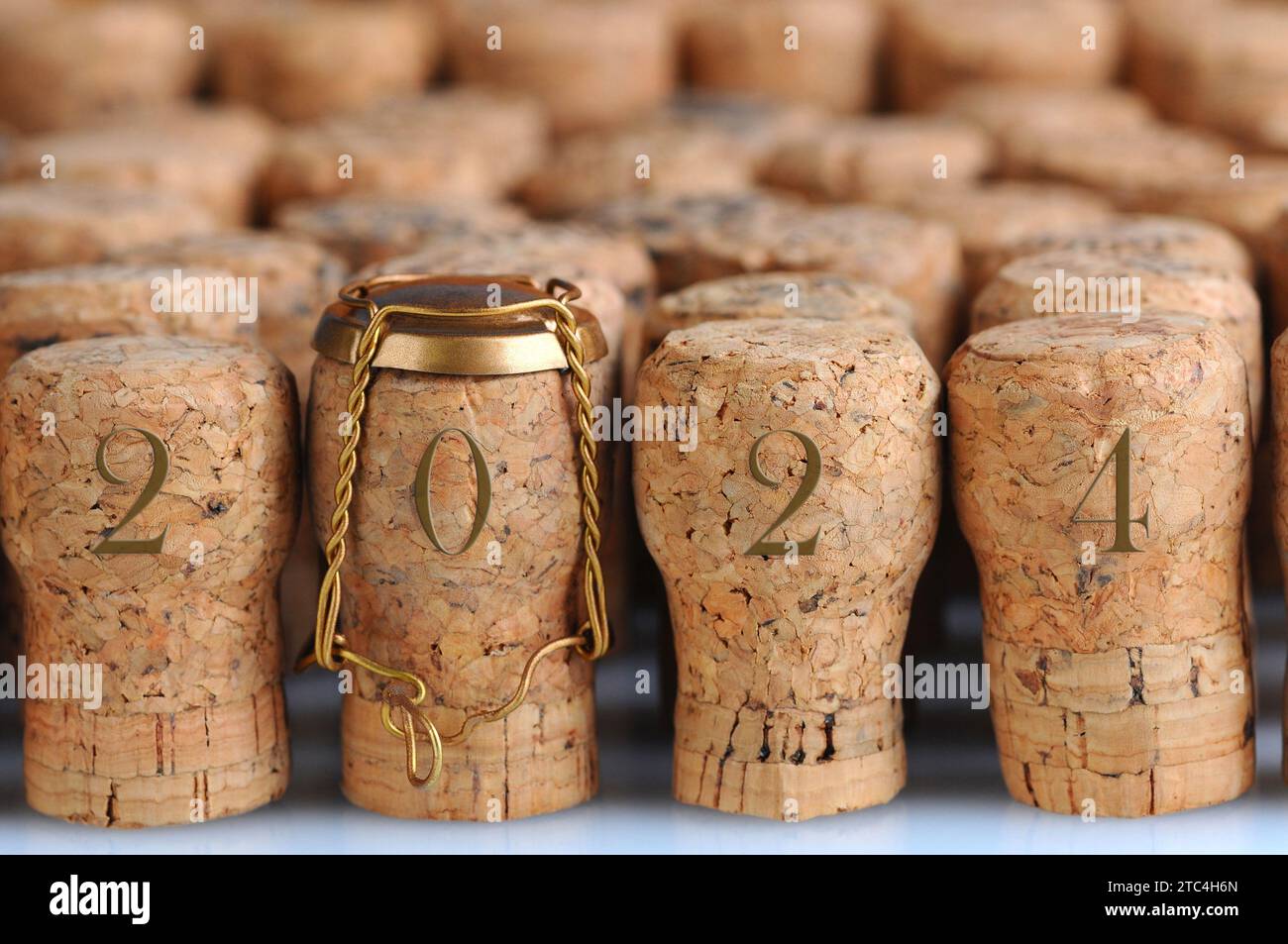 New Years 2024 Concept. A group of Champagne corks, that fill the frame ...