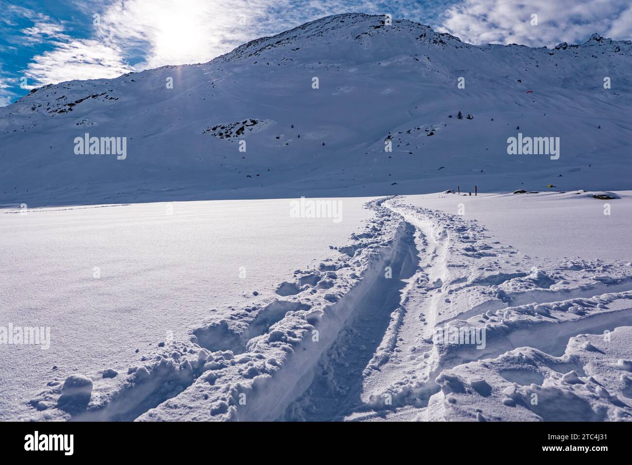 Snowy landscape in the alps of Valchiavenna in Montespluga village ...