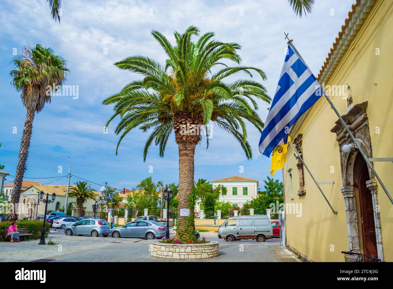Lefkada, Greece-June 11th 2015:Colorful residential houses and tower of ...
