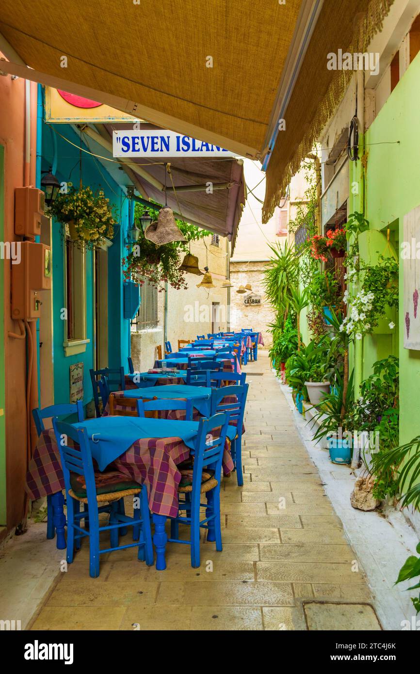 Lefkada town main commercial street Greece. Colorful houses,stores and ...