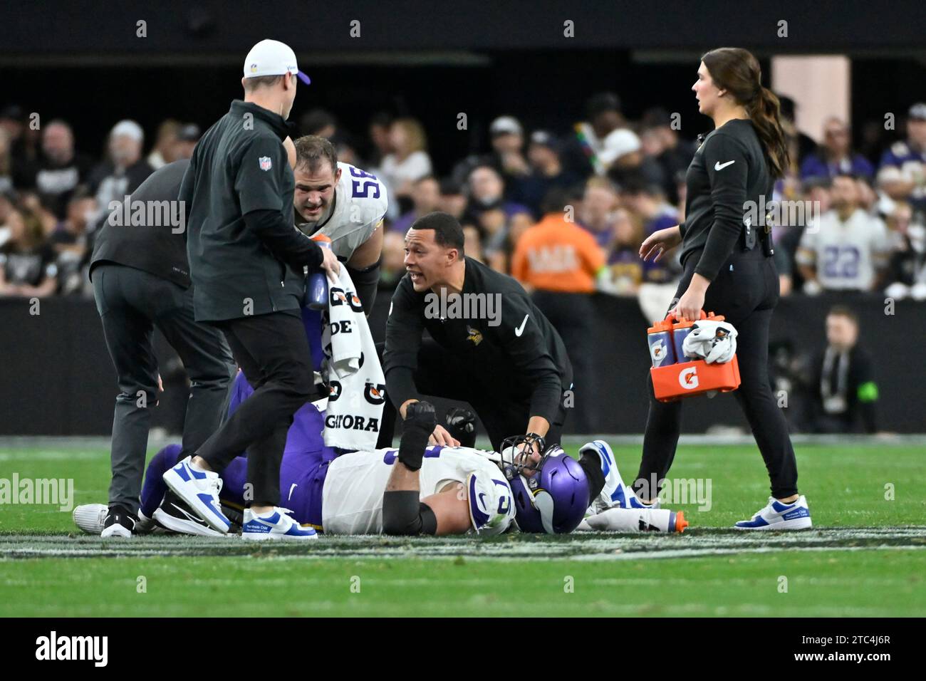 Minnesota Vikings offensive tackle Brian O'Neill is helped after an ...