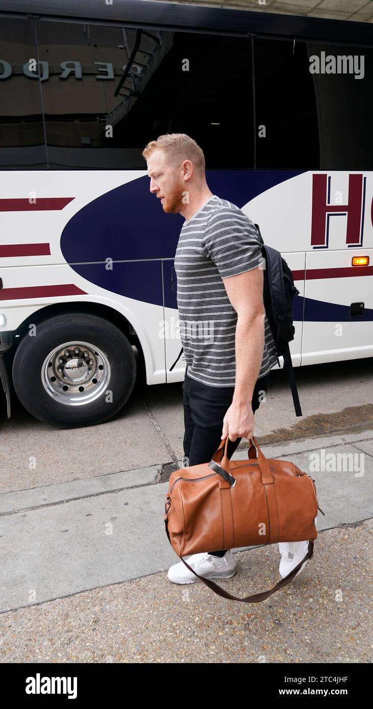 Carolina Panthers punter Johnny Hekker arrives with the team before an ...