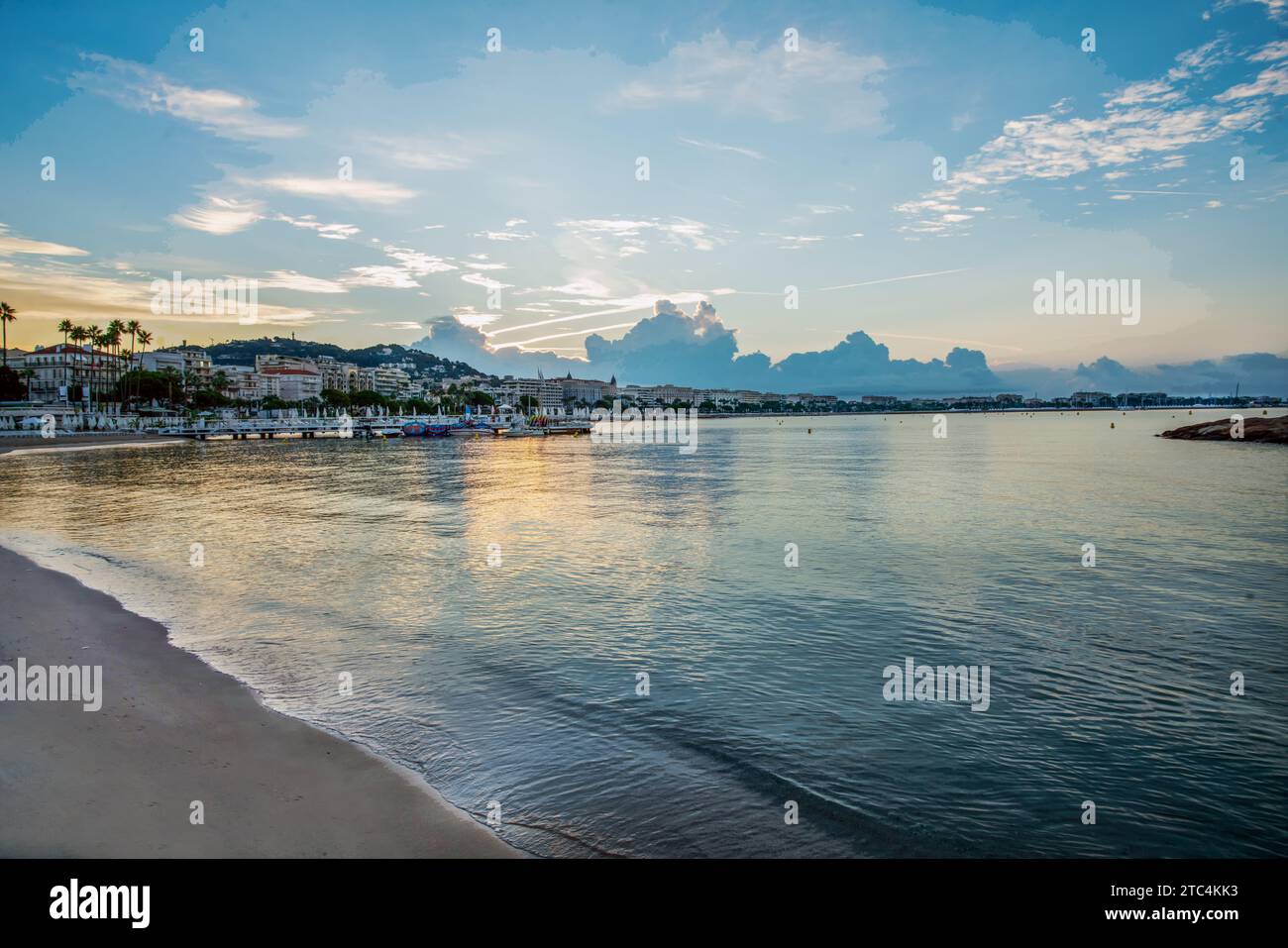 Amazing sunrise in Cannes - panorama of Croisette with palm trees and ...