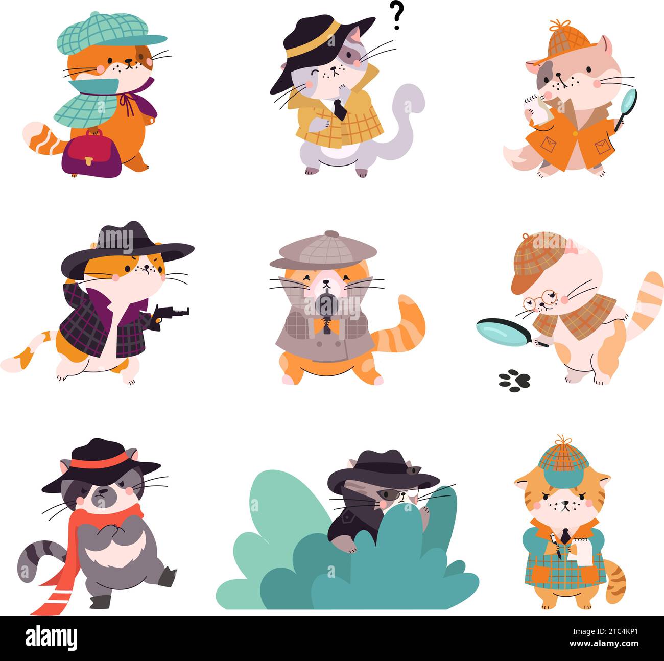 Cat detectives cartoon mascots. Cute cat in suit hold magnifying glass ...