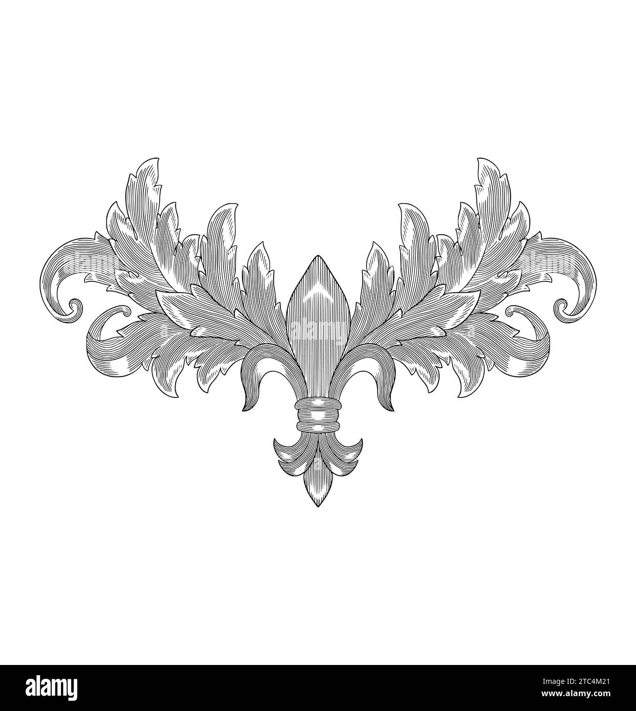 Fleur de lis with ornament floral scroll, Vintage engraving style ...