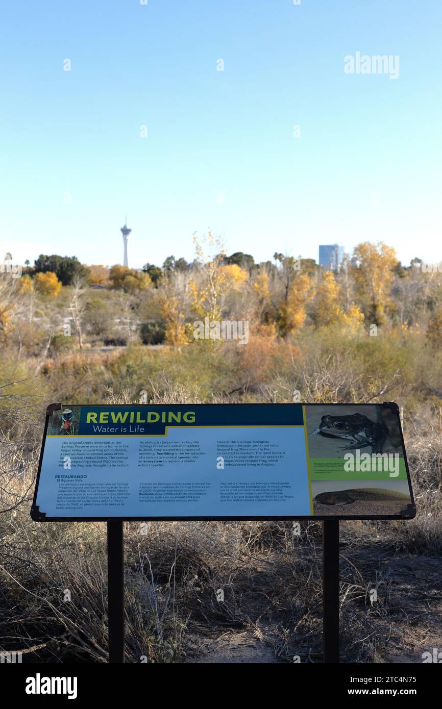An educational sign about rewilding, at the Springs Preserve in Las ...
