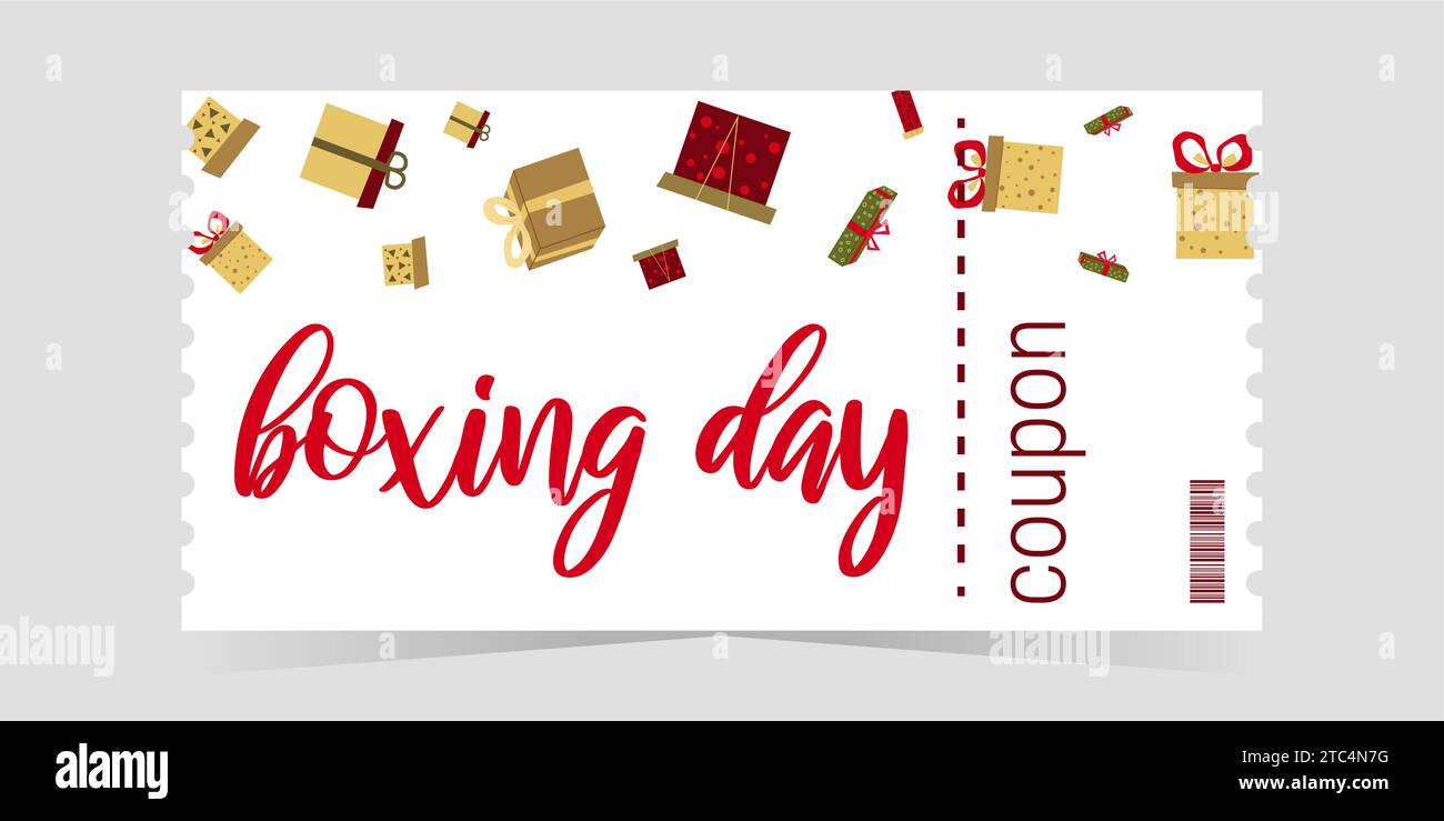 Boxing Day coupon color template layout vector. Boxes are falling from ...
