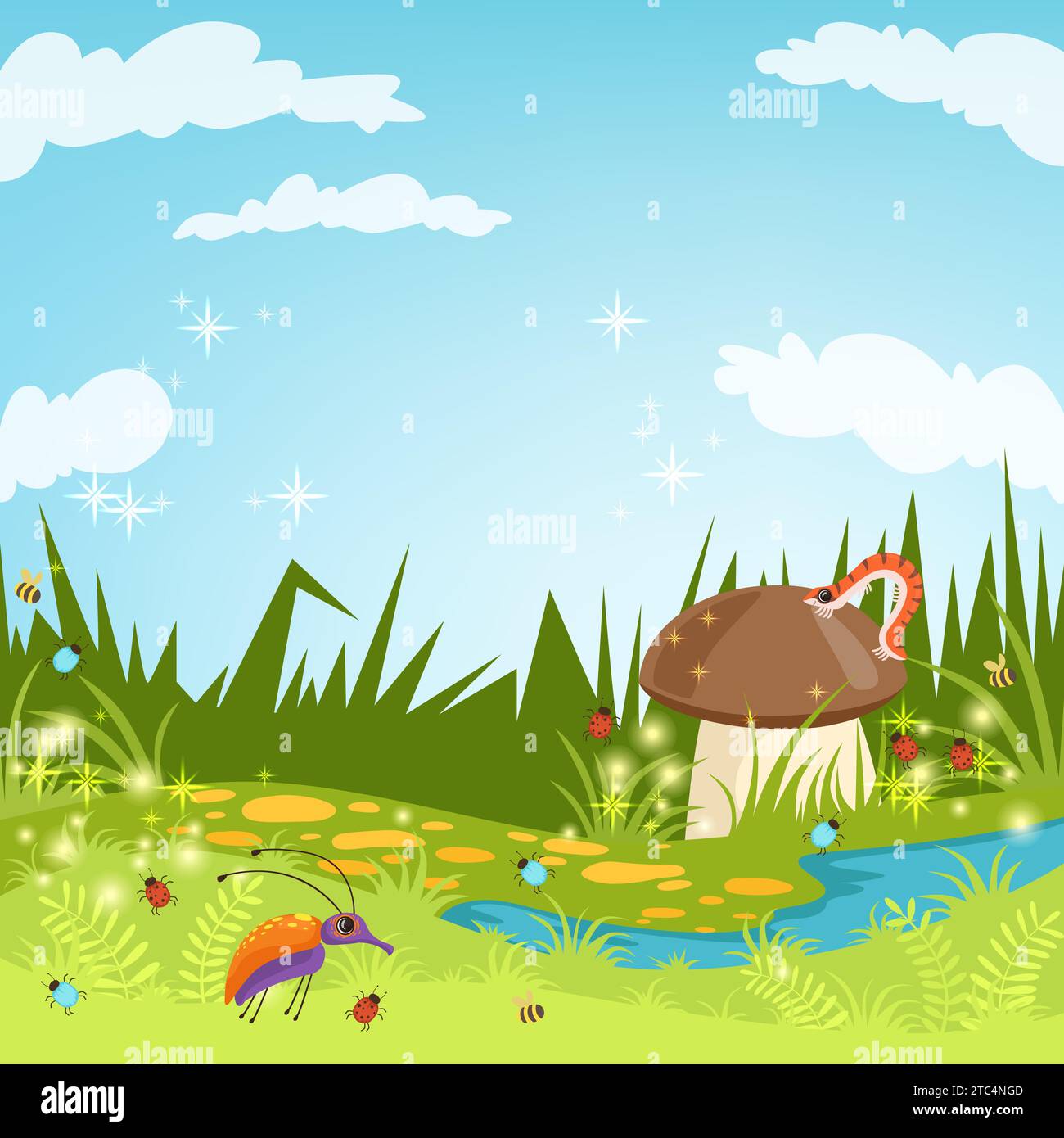 Background with bugs. fairytale shining landscape with green grass and ...
