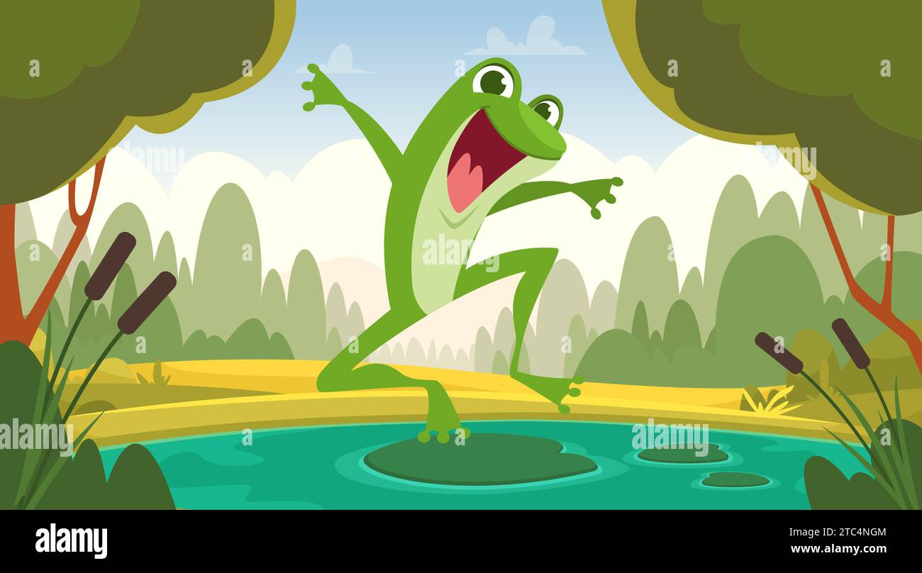 Frog jumping. happy animal frog in pond. Vector cartoon background ...