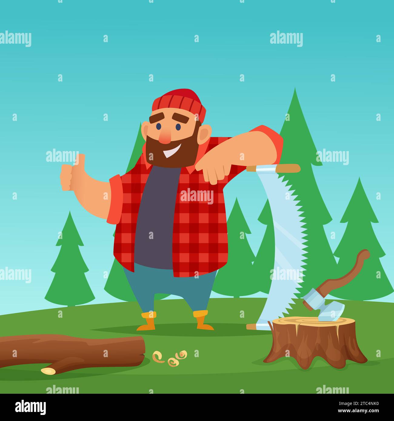 Lumberjack in wood. cartoon mascot in red shirt with hand saw standing ...