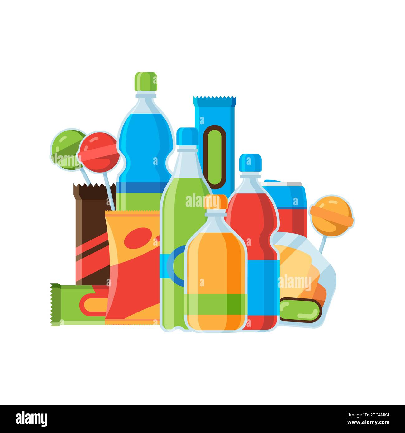 Snacks. Drinks bottles cakes and chocolates bars. Vector cartoon ...