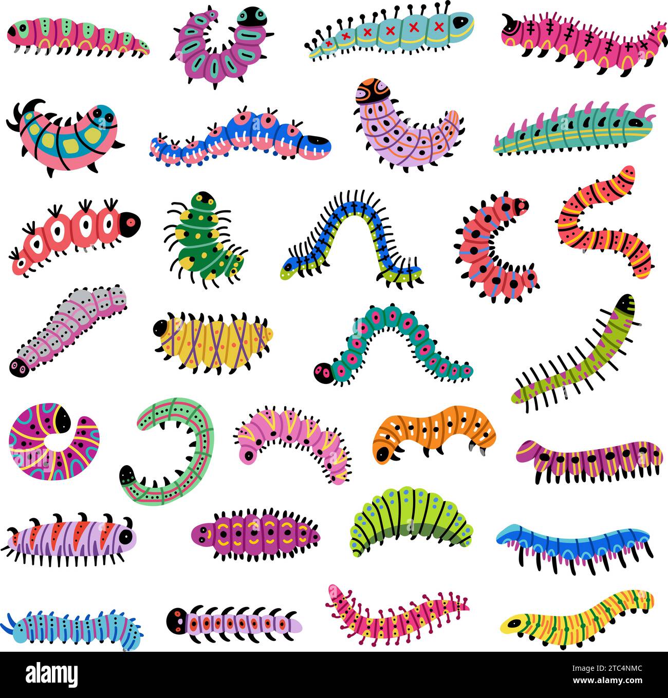 Caterpillars. Collection of different bugs recent vector colored illustrations of insects Stock ...