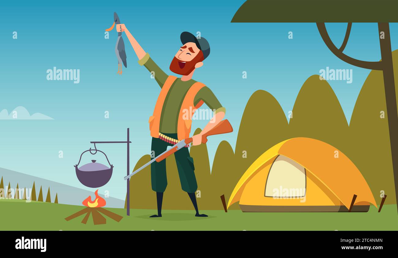 Hunter outdoor. Camping in wood cartoon illustration Stock Vector Image ...