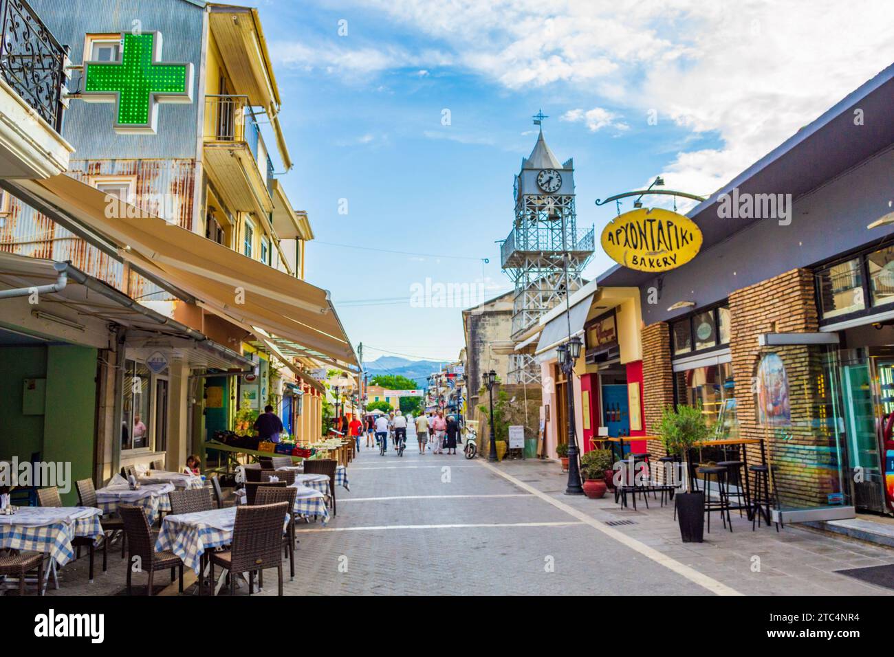 Lefkada town main commercial street Greece. Colorful houses,stores and ...
