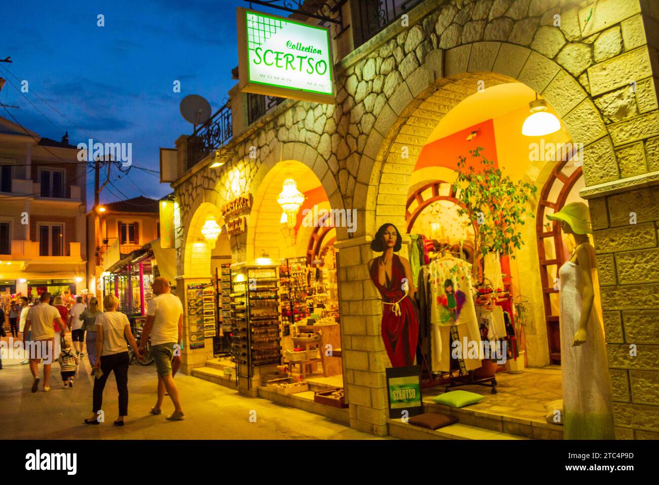 Night view of commercial street at Nydri town Lefkada Greece ...