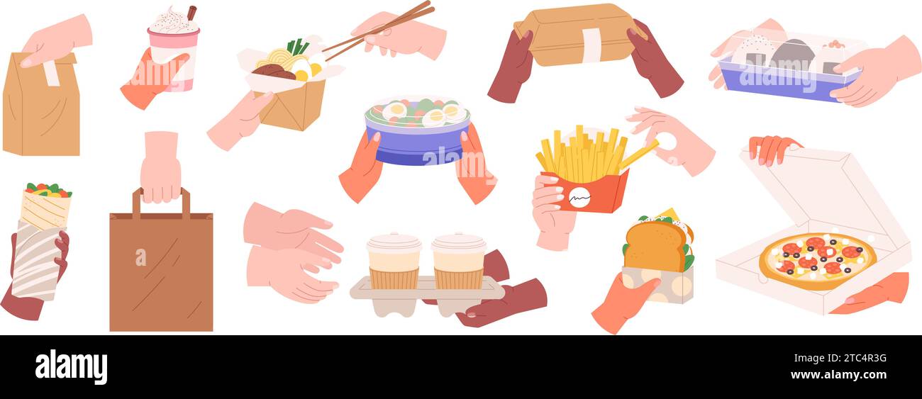 Take out food to home. Takeaway salad, sandwich and pizza. Hands ...