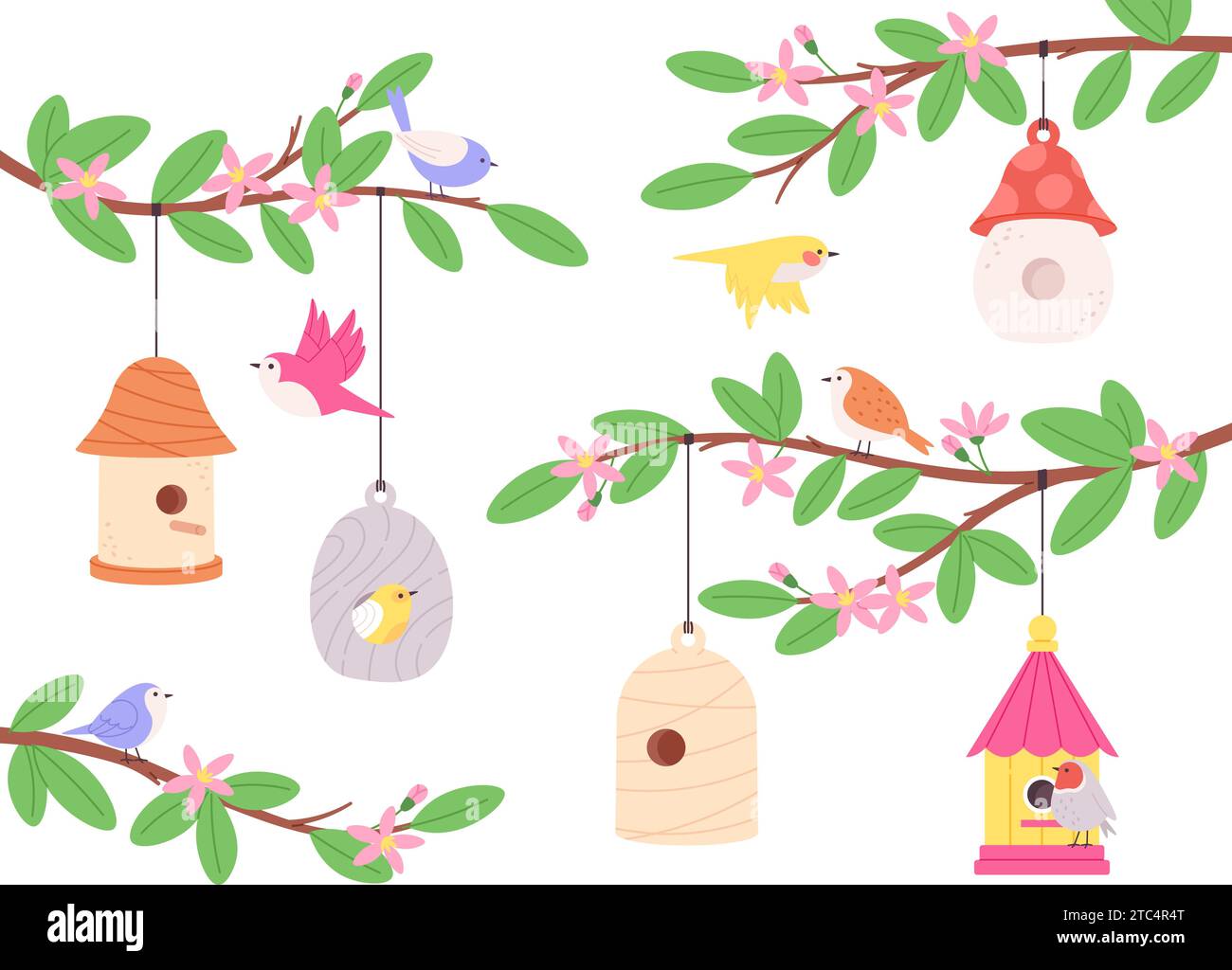 Birdhouses on branch. Cartoon wooden bird house handmade design and ...