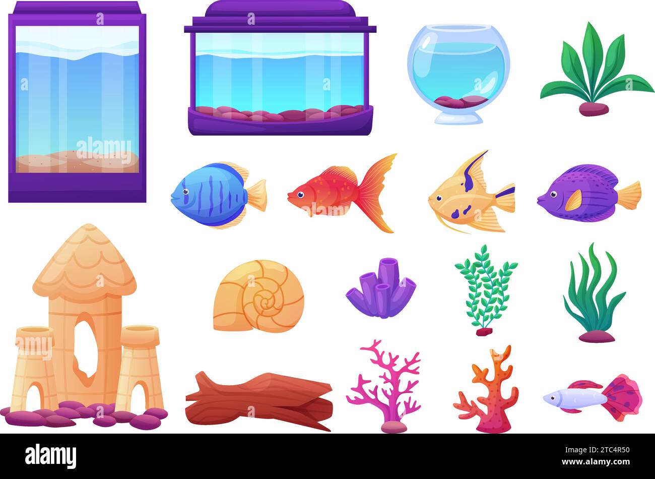 Cartoon exotic fish and aquarium equipment. Isolated seaweeds, shell ...